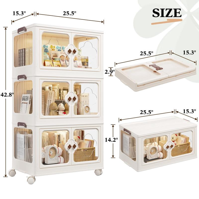 5 Tier Plastic Storage Bins with Wheels and Door, Stackable Collapsible ...