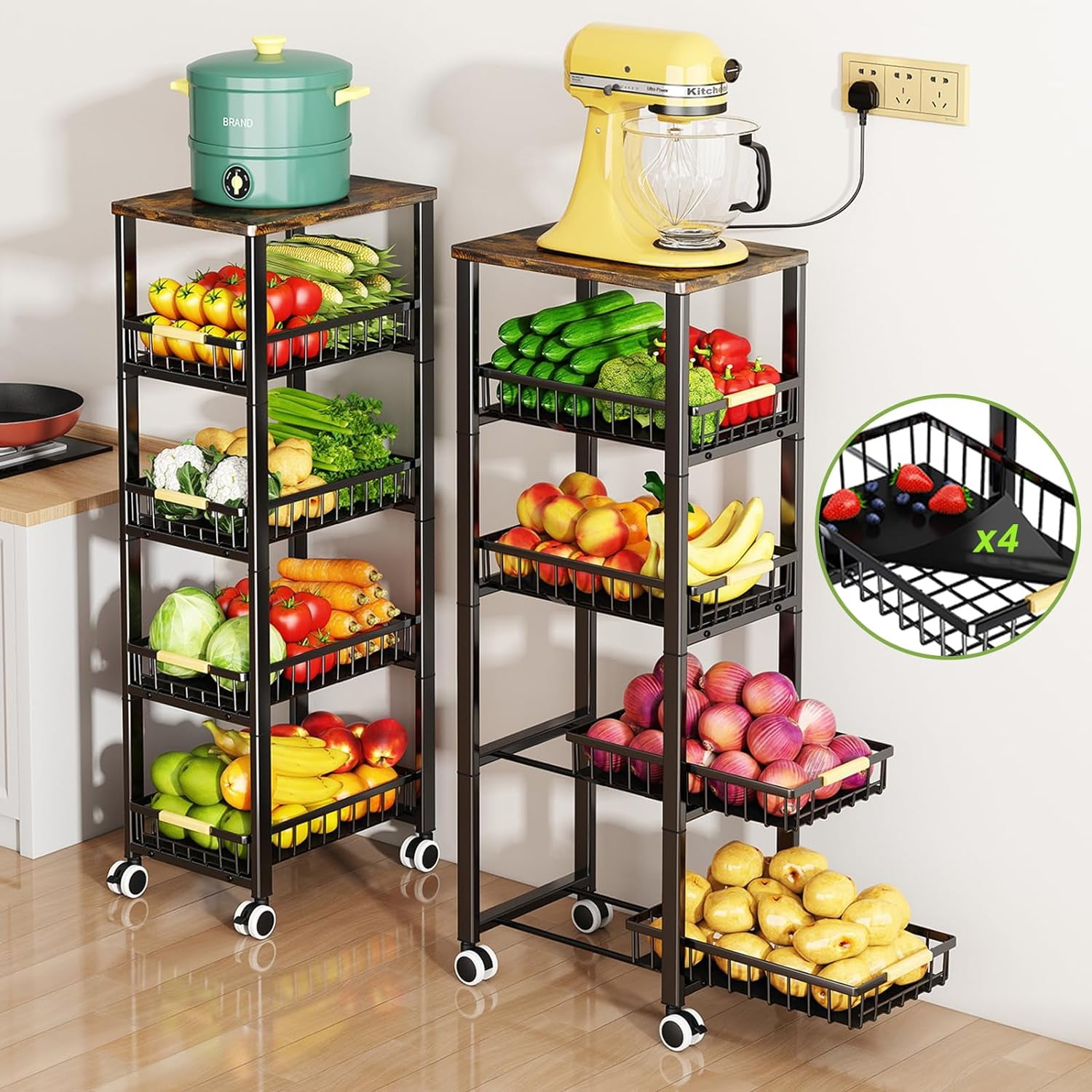 5 Tier Pull-Out Metal Wire Storage Basket with Wood Top, 4 Bottom Mats ...