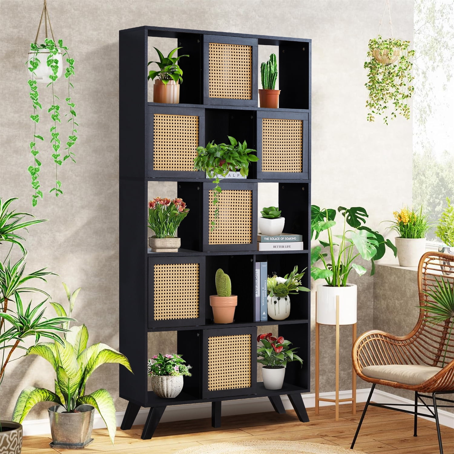 5 Tier Rattan Bookshelf, Wooden Bookcase with 15 Storage Spaces ...