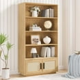 5 Tier Rattan Bookshelf with Storage Cabinet & Door, Tall Industrial ...