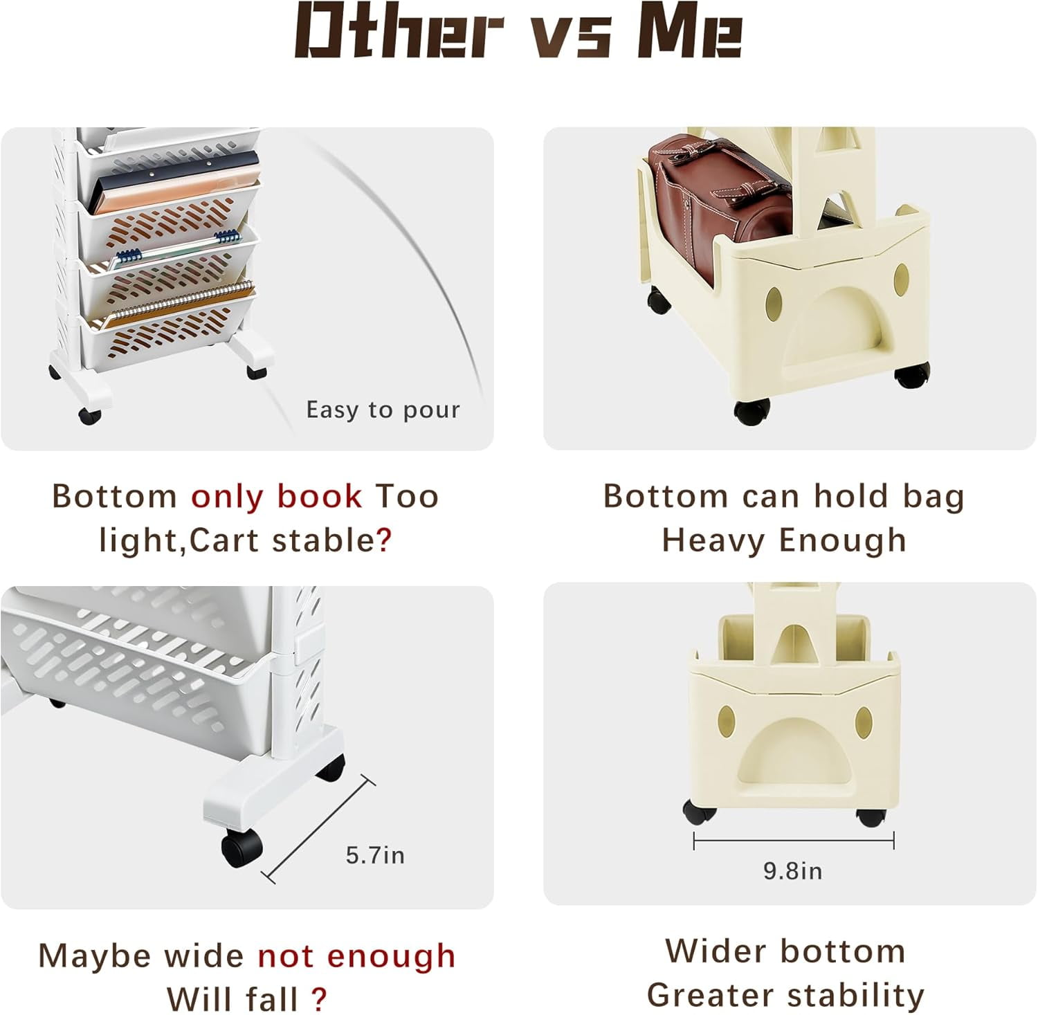 5-Tier Rolling Book Cart, Mobile Bookshelf with Wheels, Movable ...