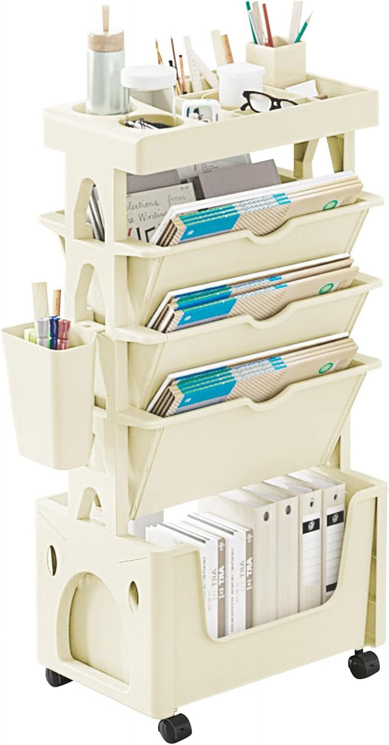 5-Tier Rolling Book Cart, Mobile Bookshelf with Wheels, Movable ...