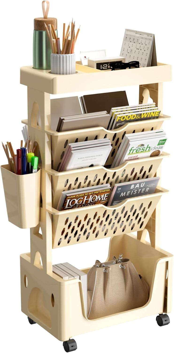 5-Tier Rolling Book Cart, Movable Storage Book Rack Bookcase, Removable ...