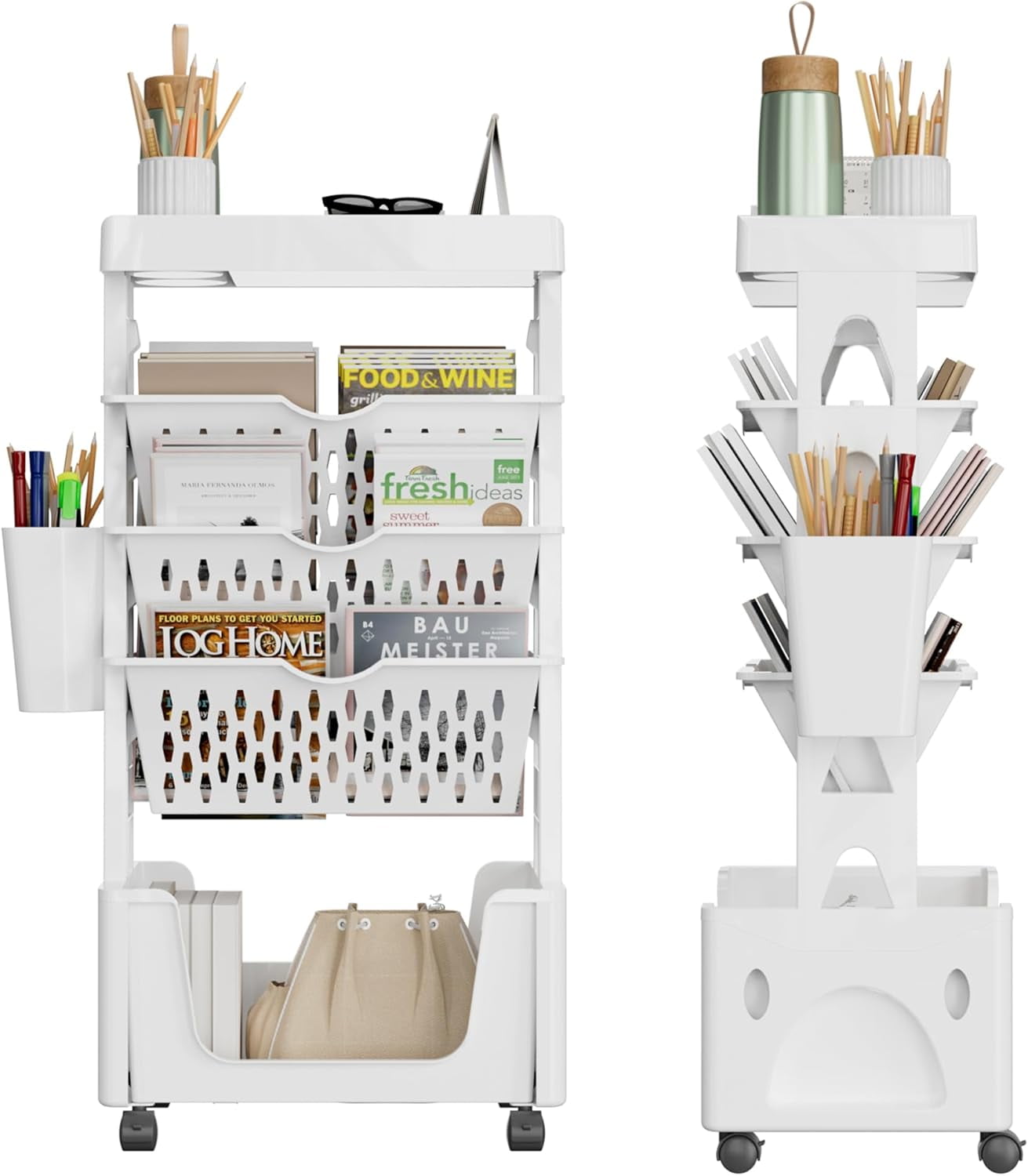 5-Tier Rolling Book Cart, Multi-Functional Movable Storage Book Rack ...