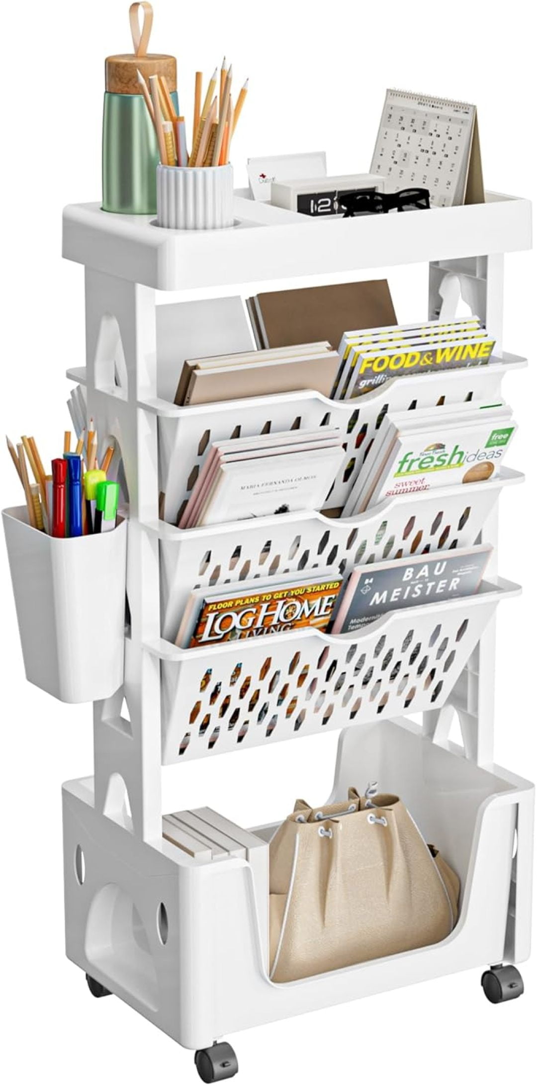5-Tier Rolling Book Cart, Multi-Functional Movable Storage Book Rack ...