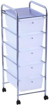 5 Tier Rolling Cart with Drawers, (White) Storage Cart Wheels & Rolling ...