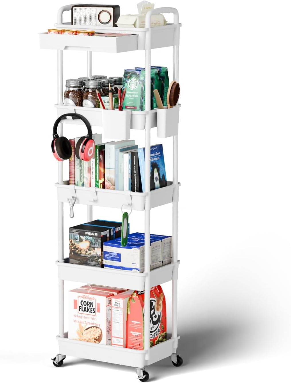 5 Tier Rolling Cart Organizer, Bathroom Cart with Wheels for Laundry ...