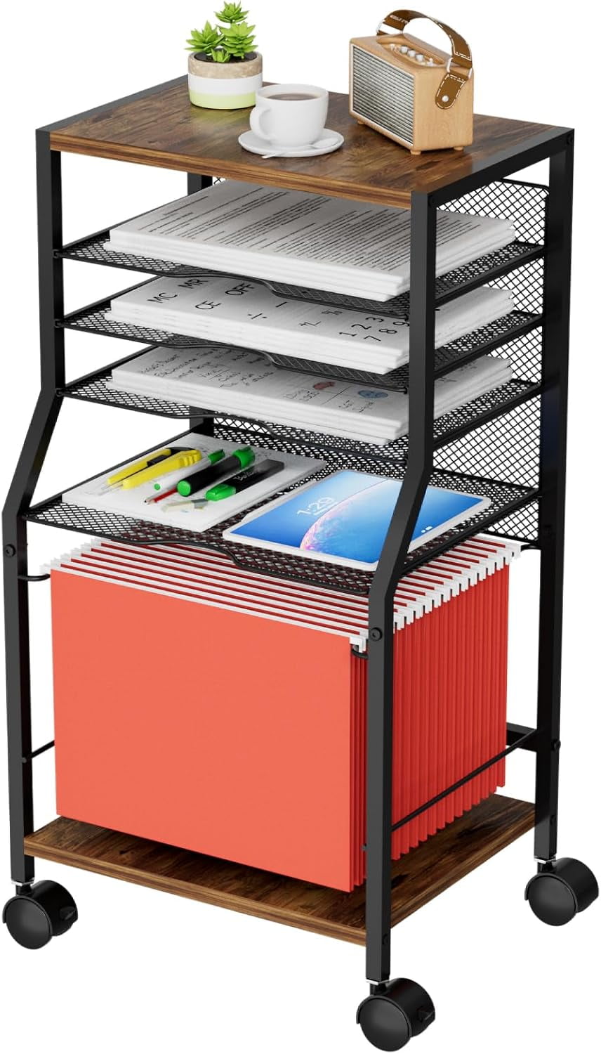 5-Tier Rolling File Cart for Hanging Folders – Wood & Mesh Office ...