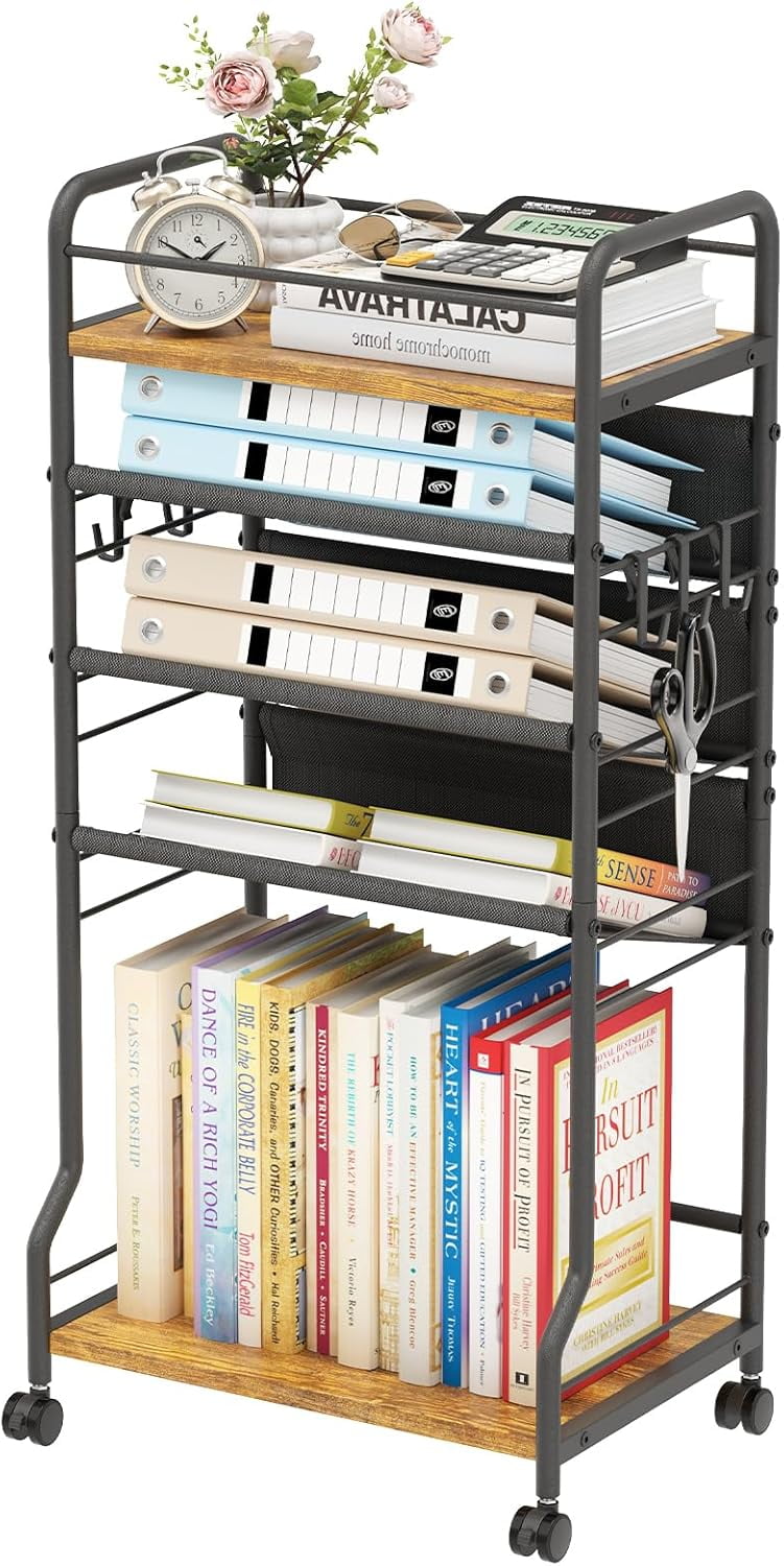 5 Tier Rolling File Cart, Mobile Book Cart with Wheels, Metal Wood ...