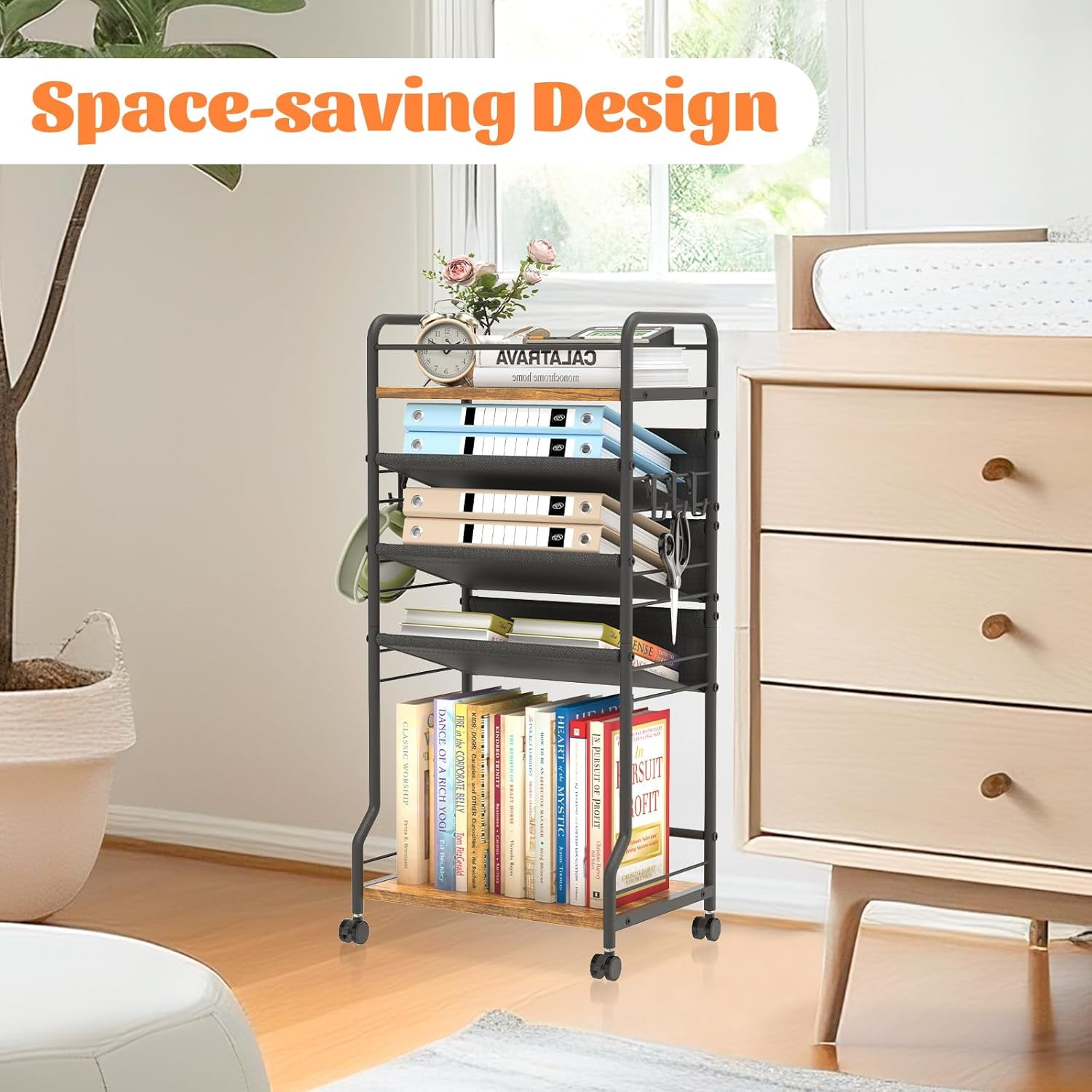 5 Tier Rolling File Cart, Mobile Bookcart with Wheels, Metal Wood ...