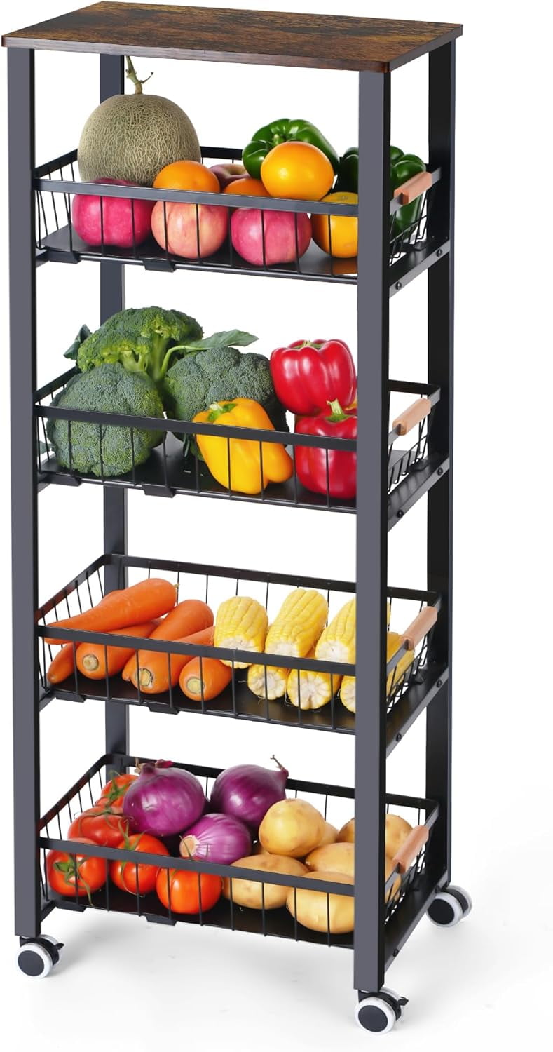 5-Tier Rolling Fruit Vegetable Storage Cart with Pull-Out Baskets ...