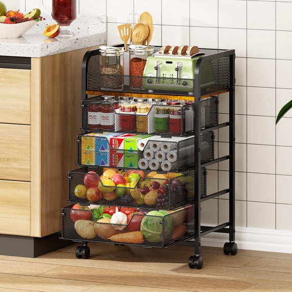 5-Tier Rolling Kitchen Cart with Drawers - Kitchen Storage Cart on ...