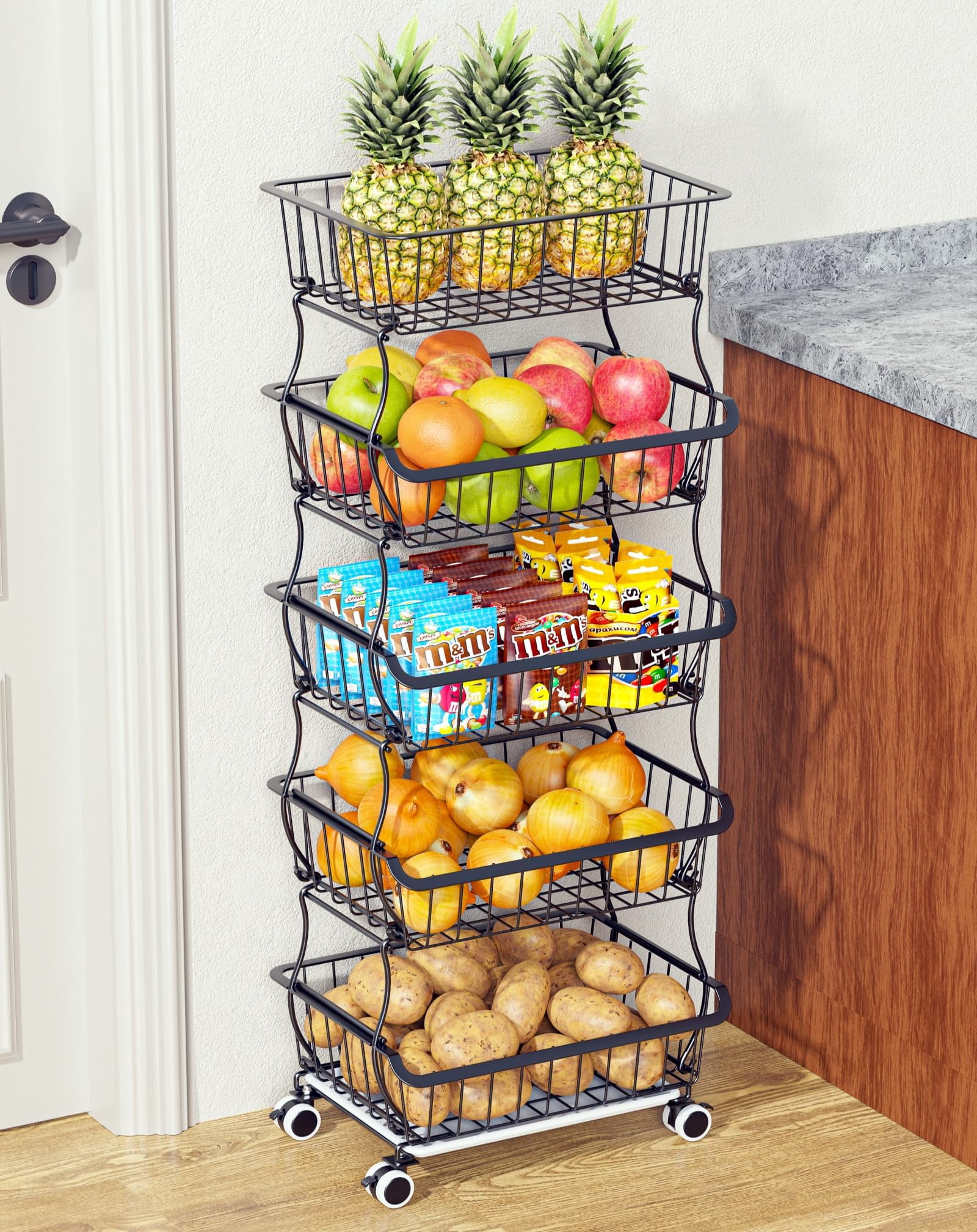 5-Tier Rolling Kitchen Storage Cart with Lockable Wheels, Black Wire ...