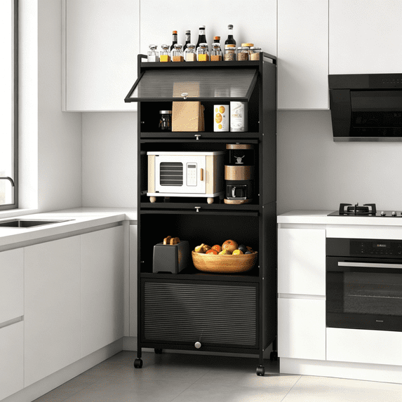 5 Tier Rolling Microwave Stand Kitchen Storage Rack Flip Dust Proof ...