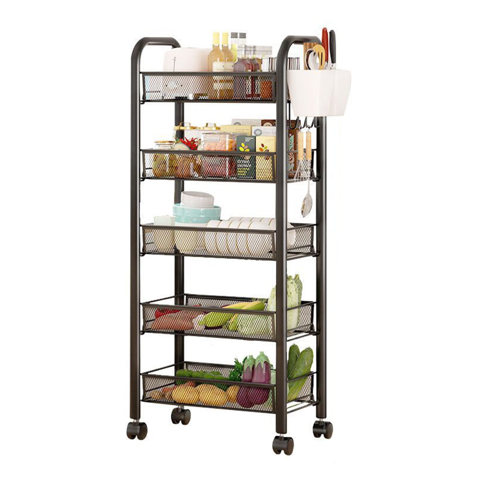 5-Tier Rolling Produce Cart - Metal Mesh Kitchen Organizer with Locking ...