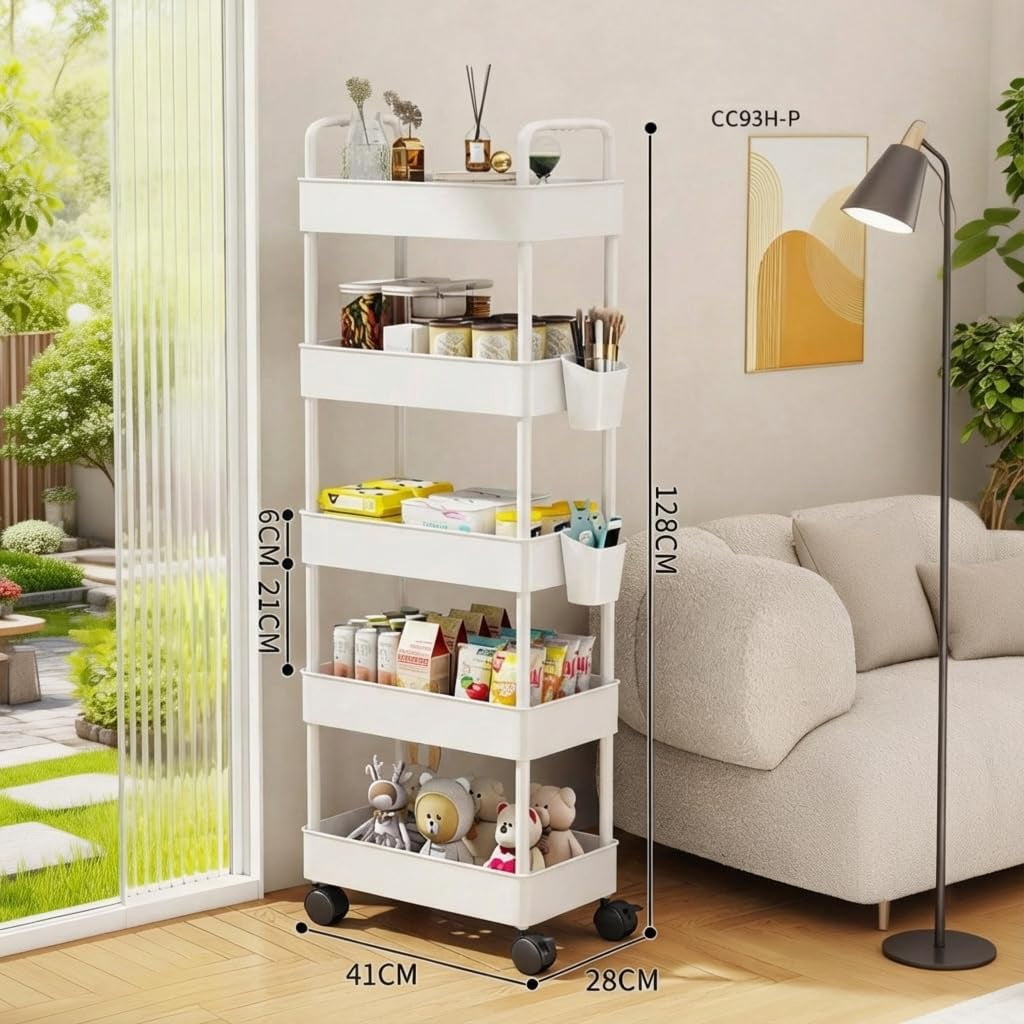 5-Tier Rolling Storage Cart with Wheels & Side Cups – Compact Utility ...