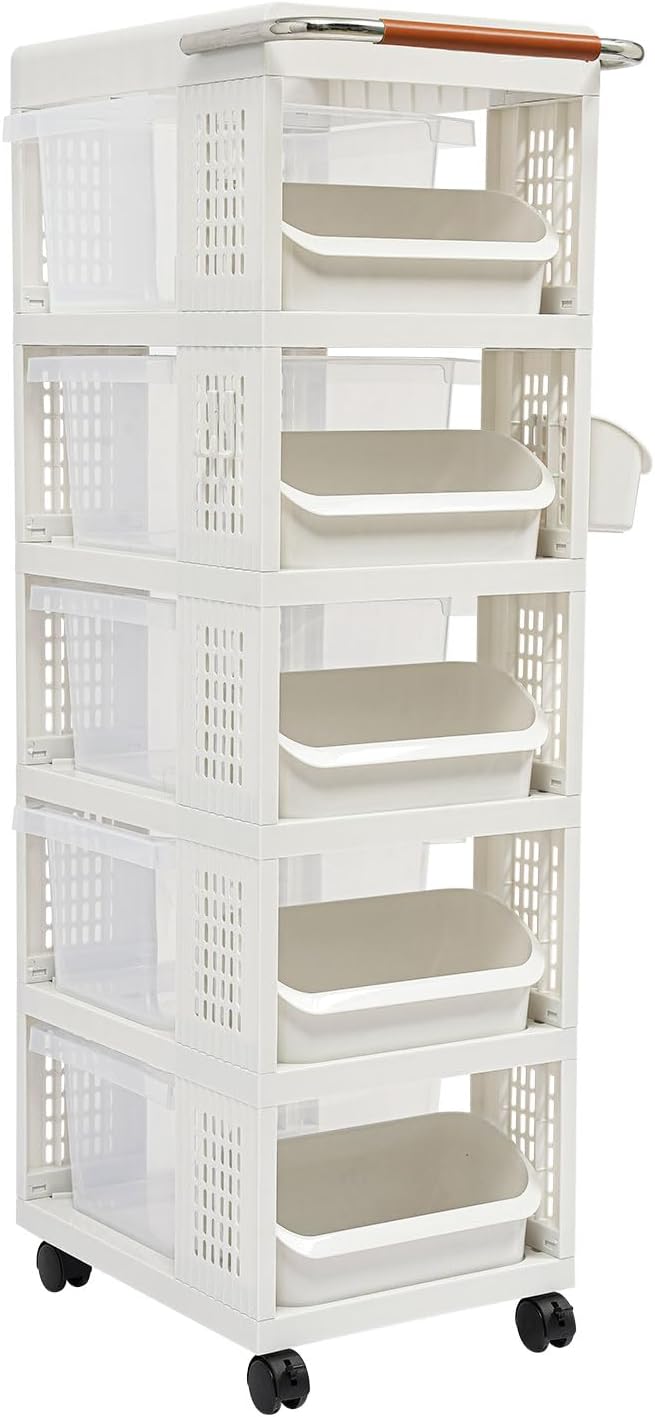 5 Tier Rolling Storage Cart with Drawers, Plastic Containers Large ...
