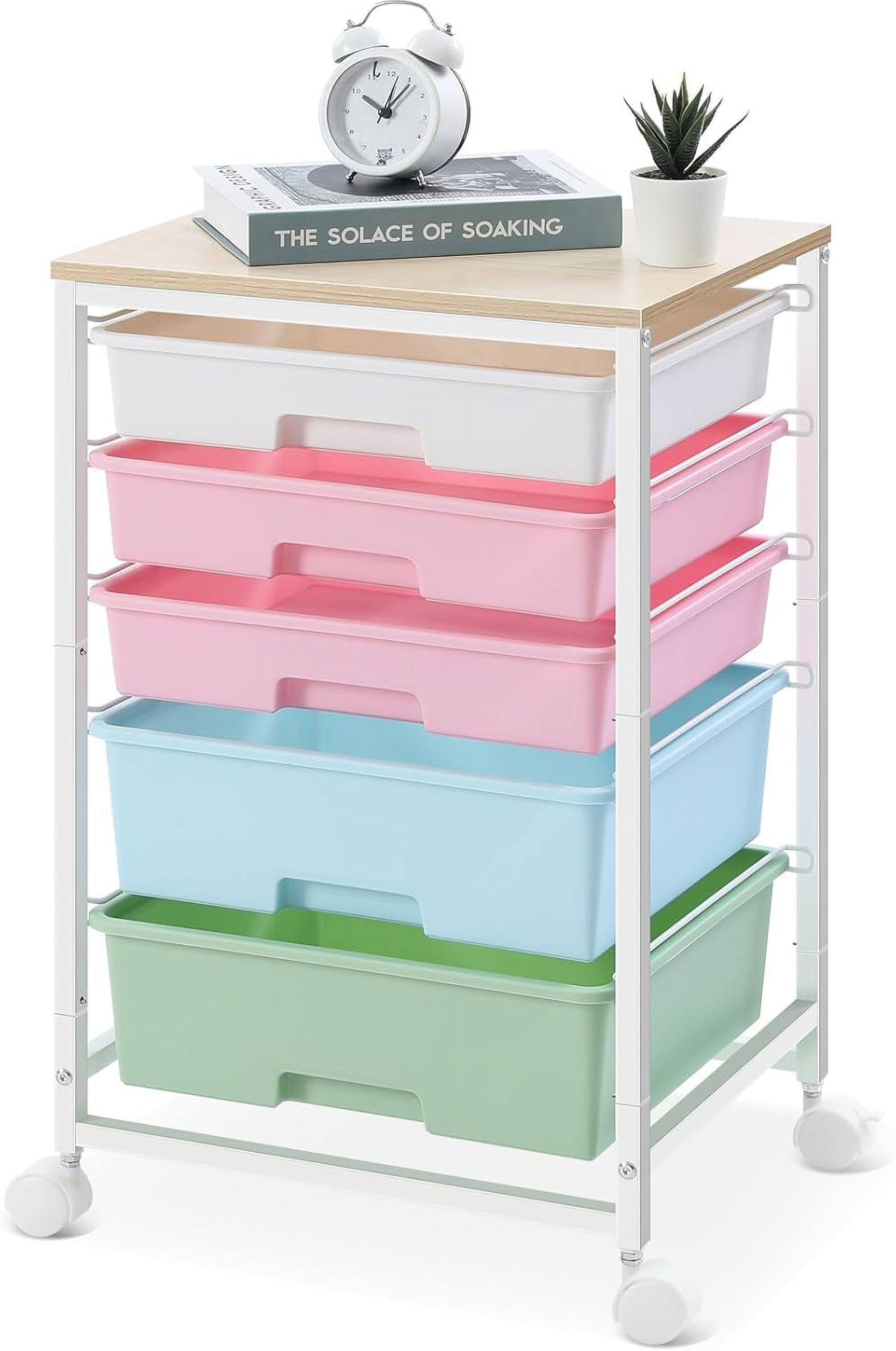 5-Tier Rolling Utility Cart with Wooden Tabletop, Storage Drawer Cart ...