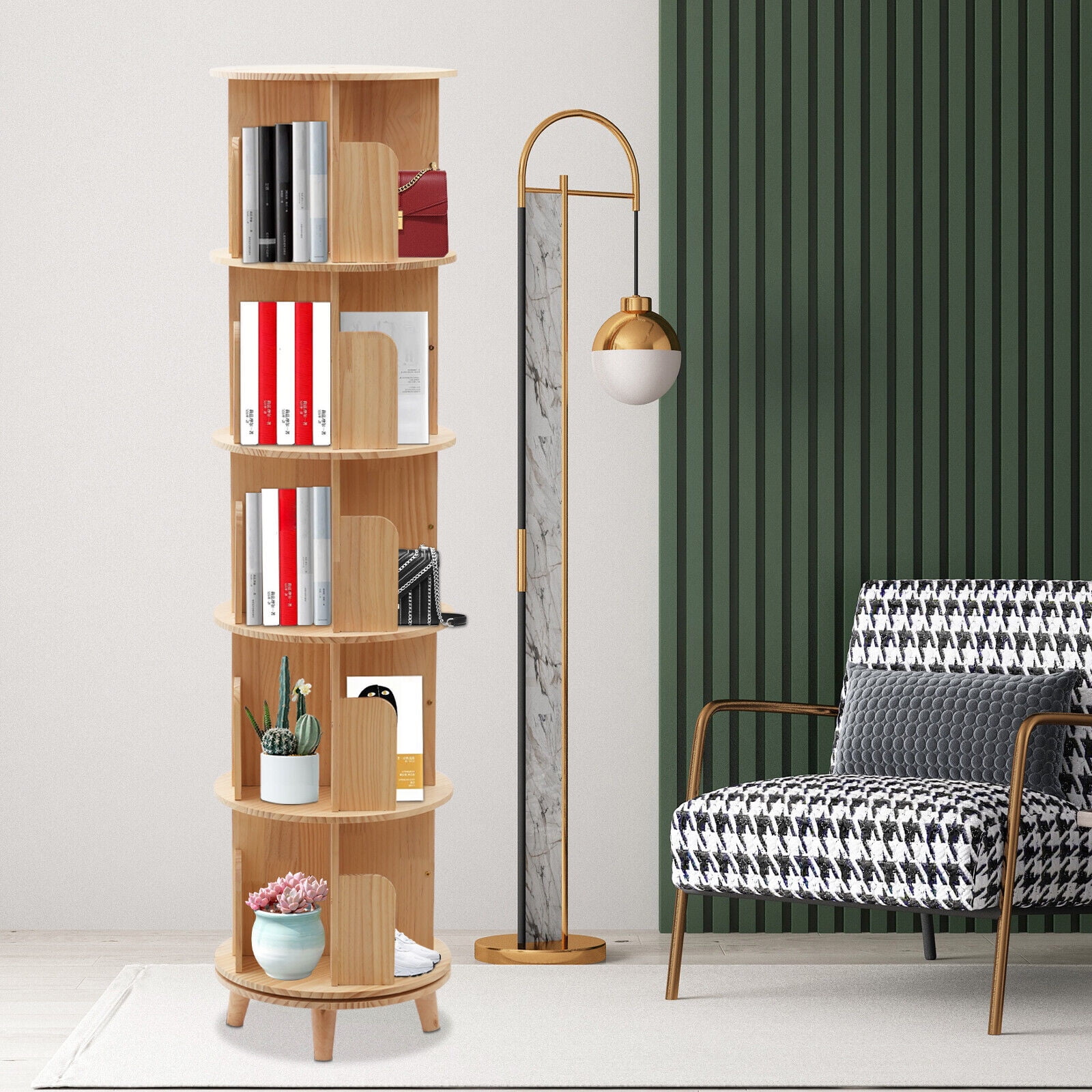 5 Tier Rotating Book Shelf with Legs Standing Bookshelf Bookcase Pine ...
