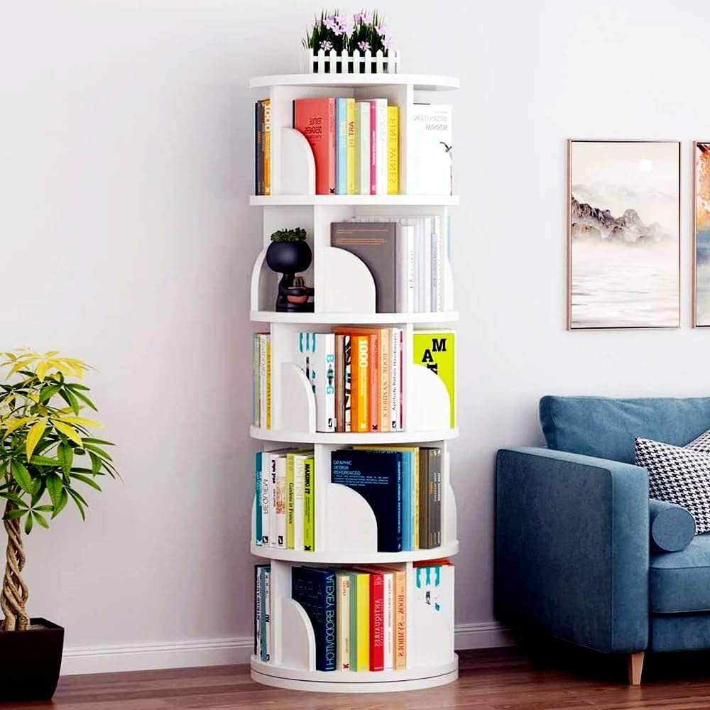 5 Tier Rotating Bookshelf, 360° Revolving Bookcase Rotating Stackable ...