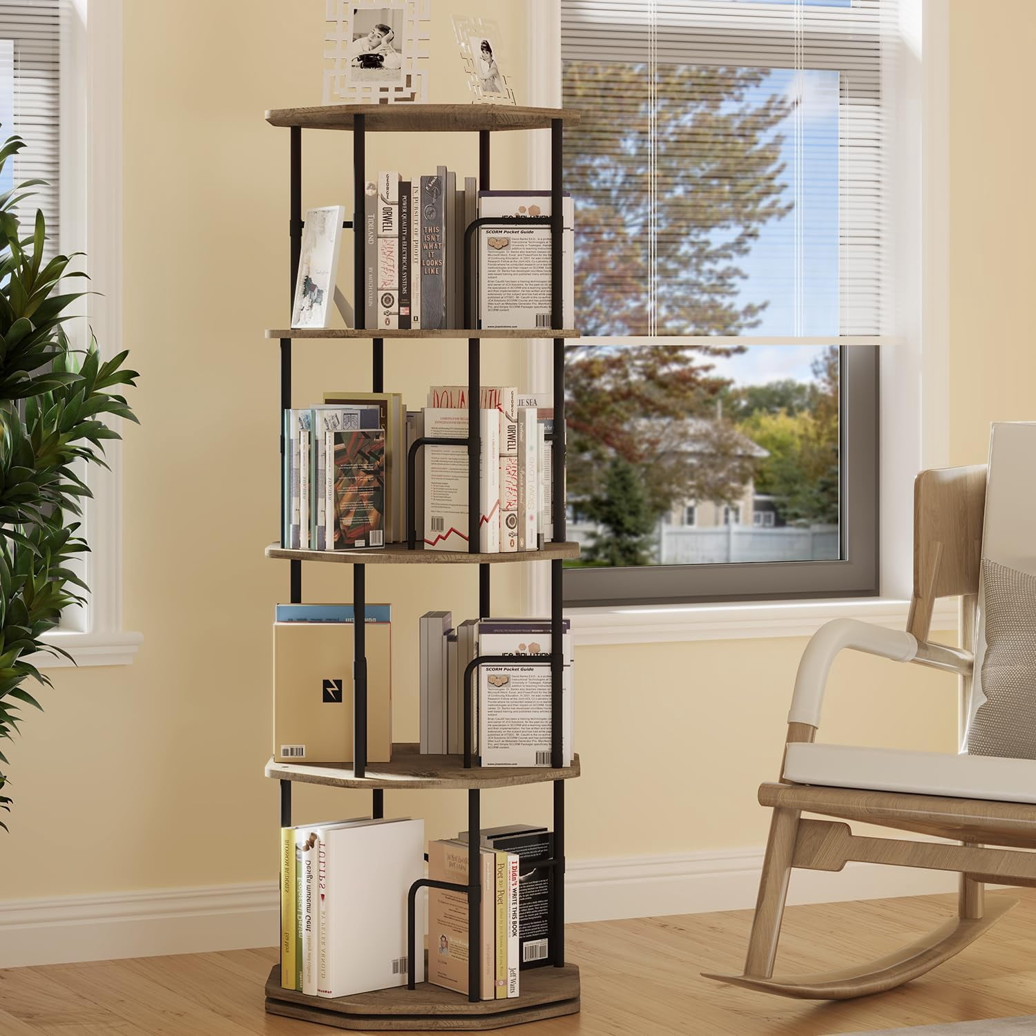 5 Tier Rotating Bookshelf Corner Spinning Bookshelf Tower with Bookends ...
