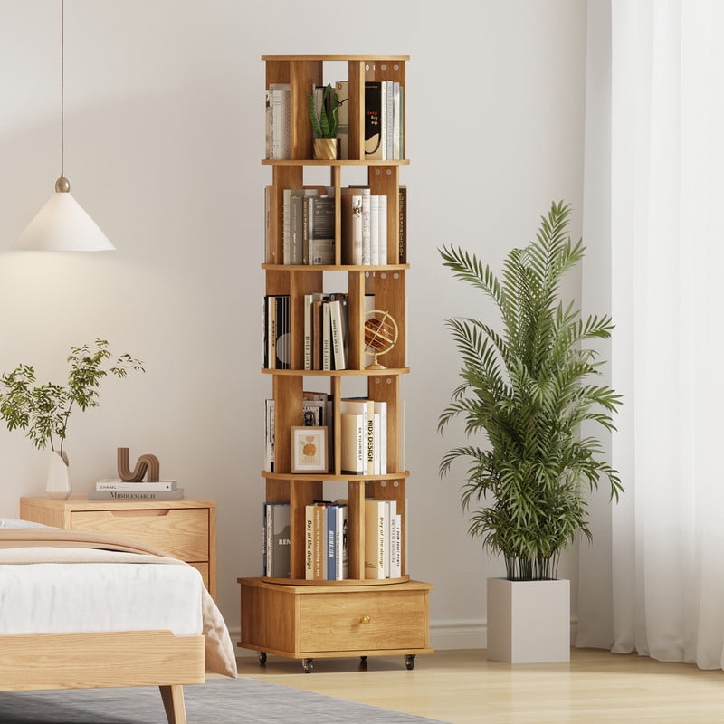 5 Tier Rotating Bookshelf with Drawers On Wheel,360° Display Spinning ...