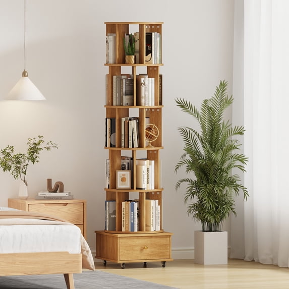 5 Tier Rotating Bookshelf with Drawers On Wheel,360° Display Spinning ...