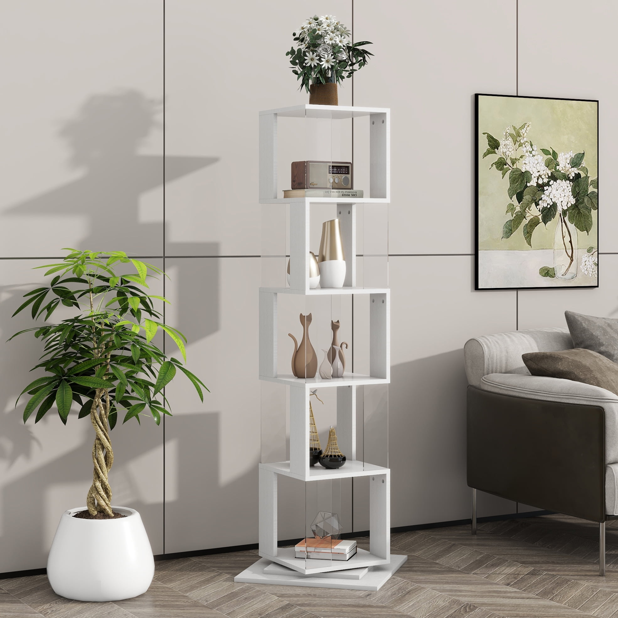 5 Tier Rotating Bookshelf, Revolving Bookcase with Anti-toppling Base ...