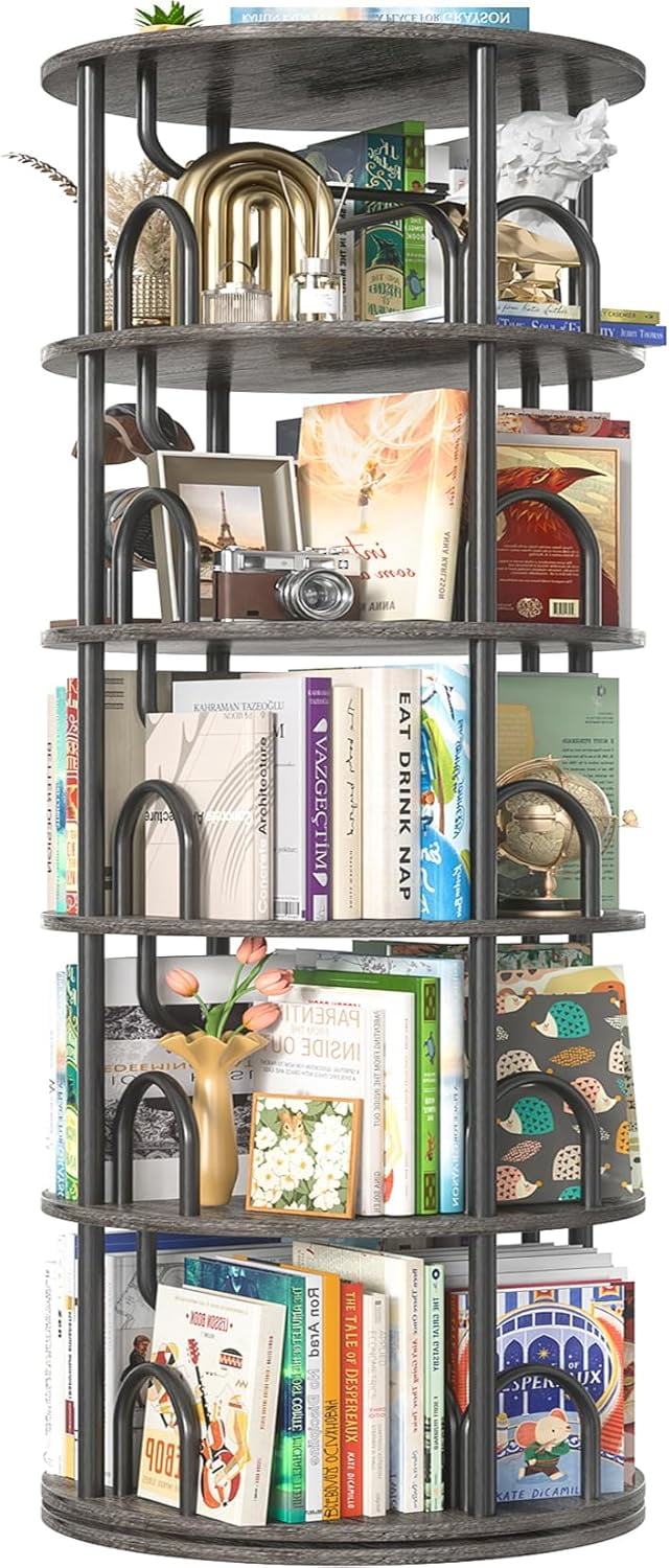 5 Tier Rotating Bookshelf Tower, 360 Display Spinning Bookcase ...