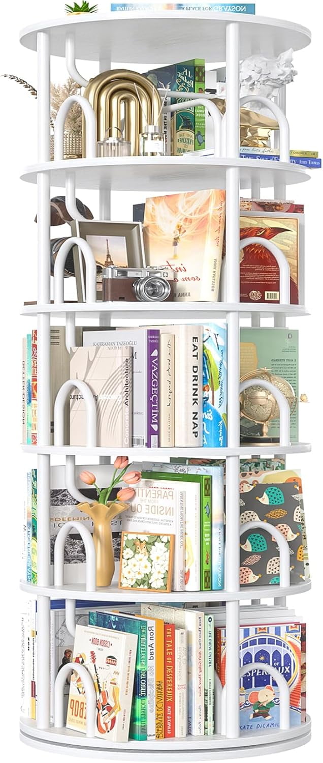 5 Tier Rotating Bookshelf Tower, 360 Display Spinning Bookcase ...