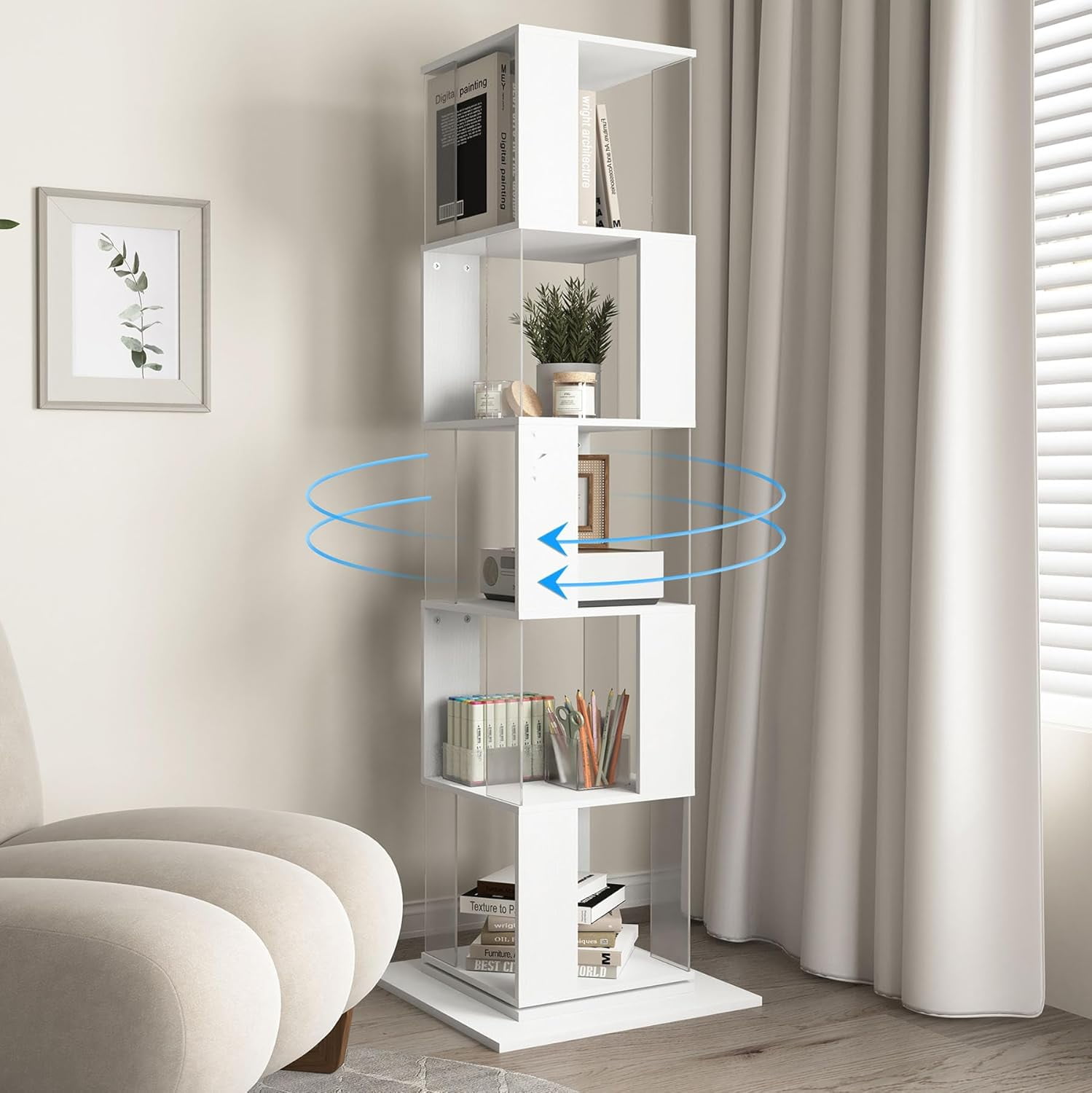 5 Tier Rotating Bookshelf Tower, Revolving Bookcase for Small Spaces ...