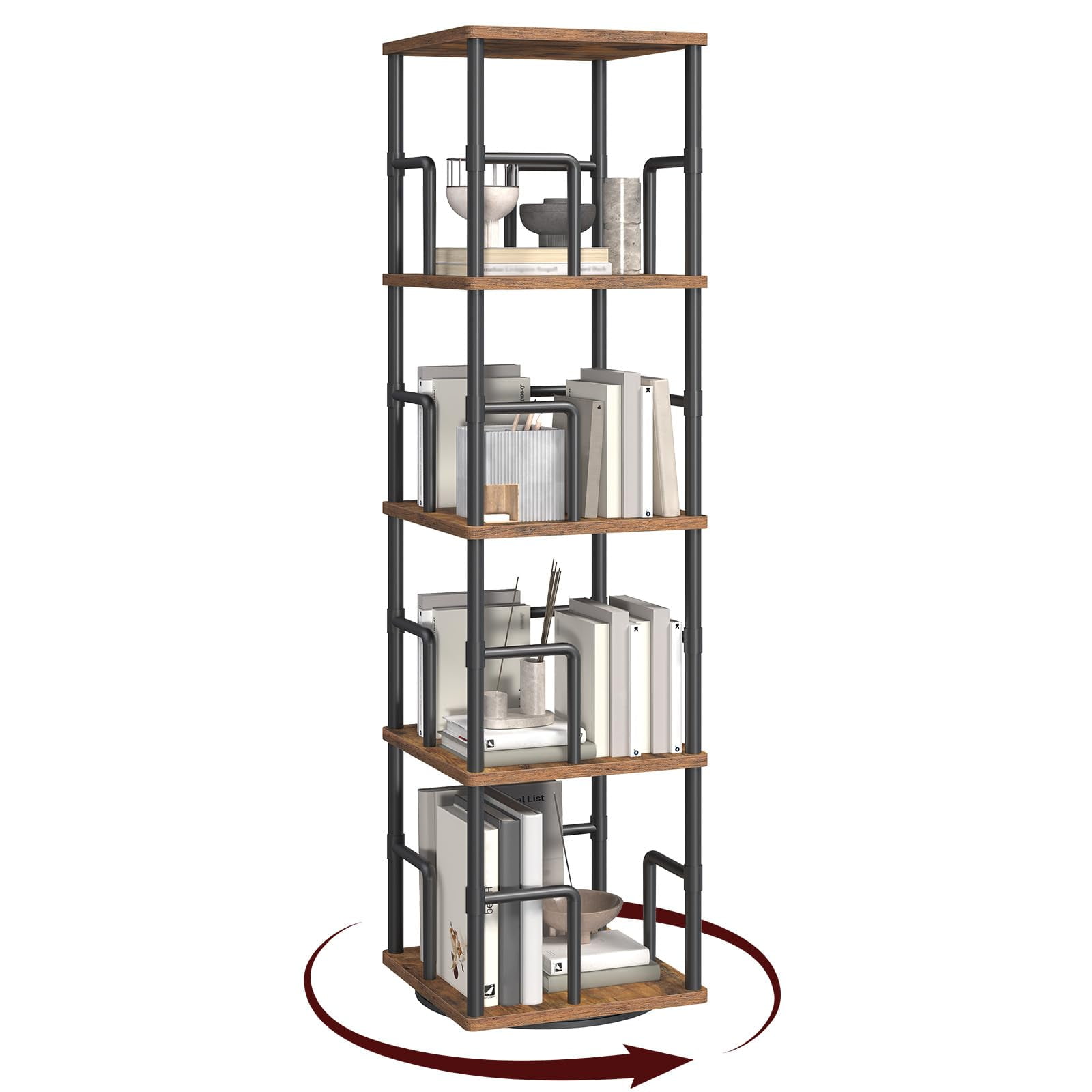 5-Tier Rotating Corner Bookshelf In Rustic Brown And Black Industrial ...