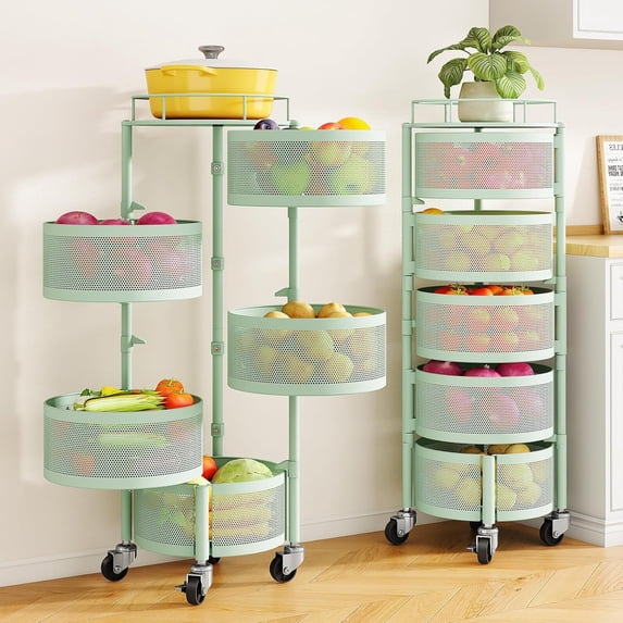 5 Tier Rotating Kitchen Storage Rack Cart with Metal Lid, Large Wire ...