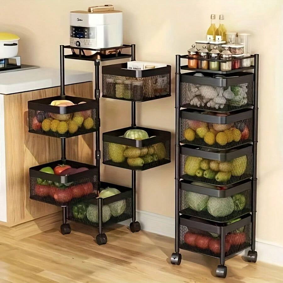 5-Tier Rotating Kitchen Storage Rack With Wheels, Metal Fruit And ...