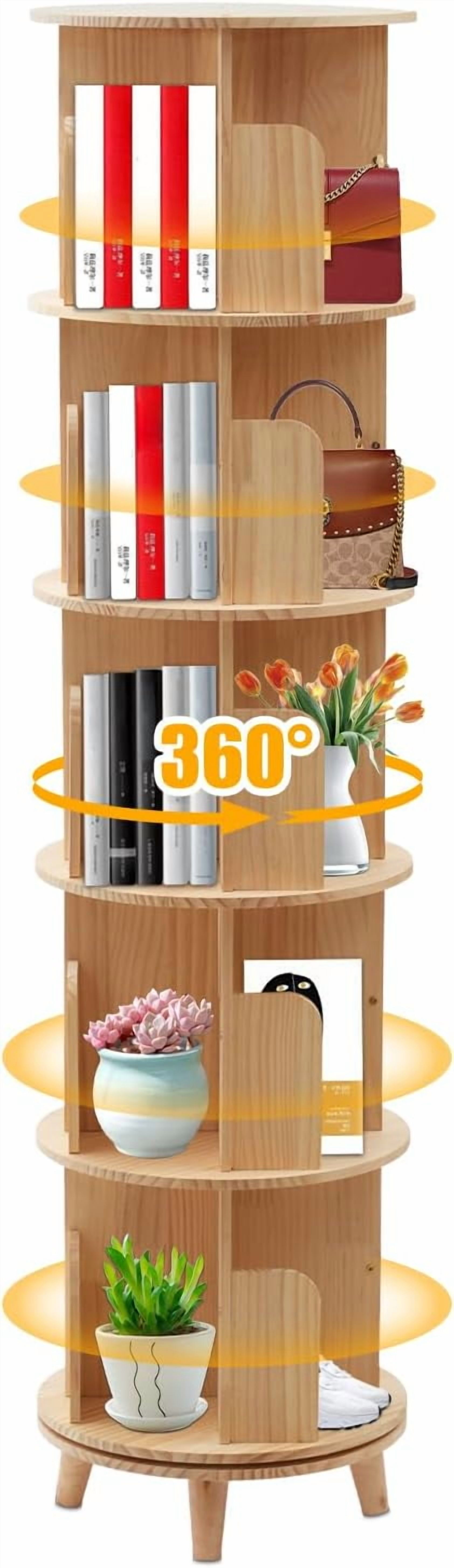 5-Tier Rotating Solid Wood Bookshelf - 360 Spinning Tower for Home ...