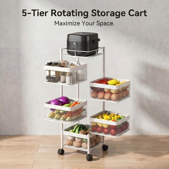5-Tier Rotating Storage Cart, Square Metal Kitchen Utility Cart on ...