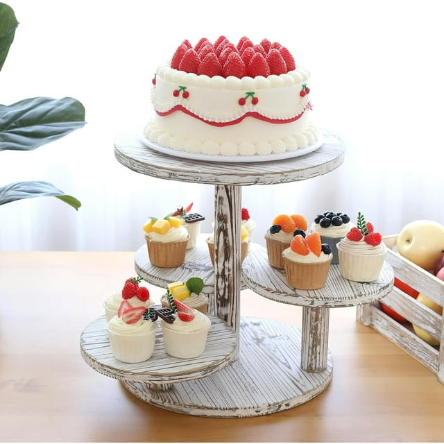 5 Tier Round Cupcake Tower Stand for 60 Cupcakes Wihte Wooden Cake ...