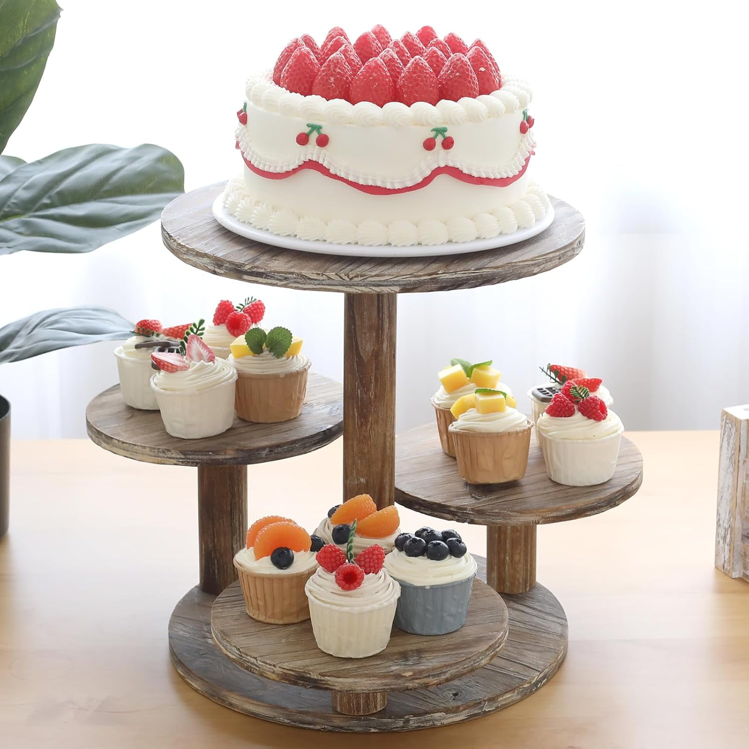 5 Tier Round Cupcake Tower Stand for 60 Cupcakes Wooden Cake Stands ...