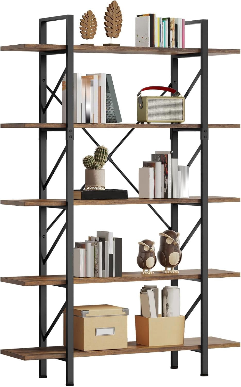 5-Tier Rustic Brown Bookshelf, 70.9 Inch Tall Display Storage Shelves ...
