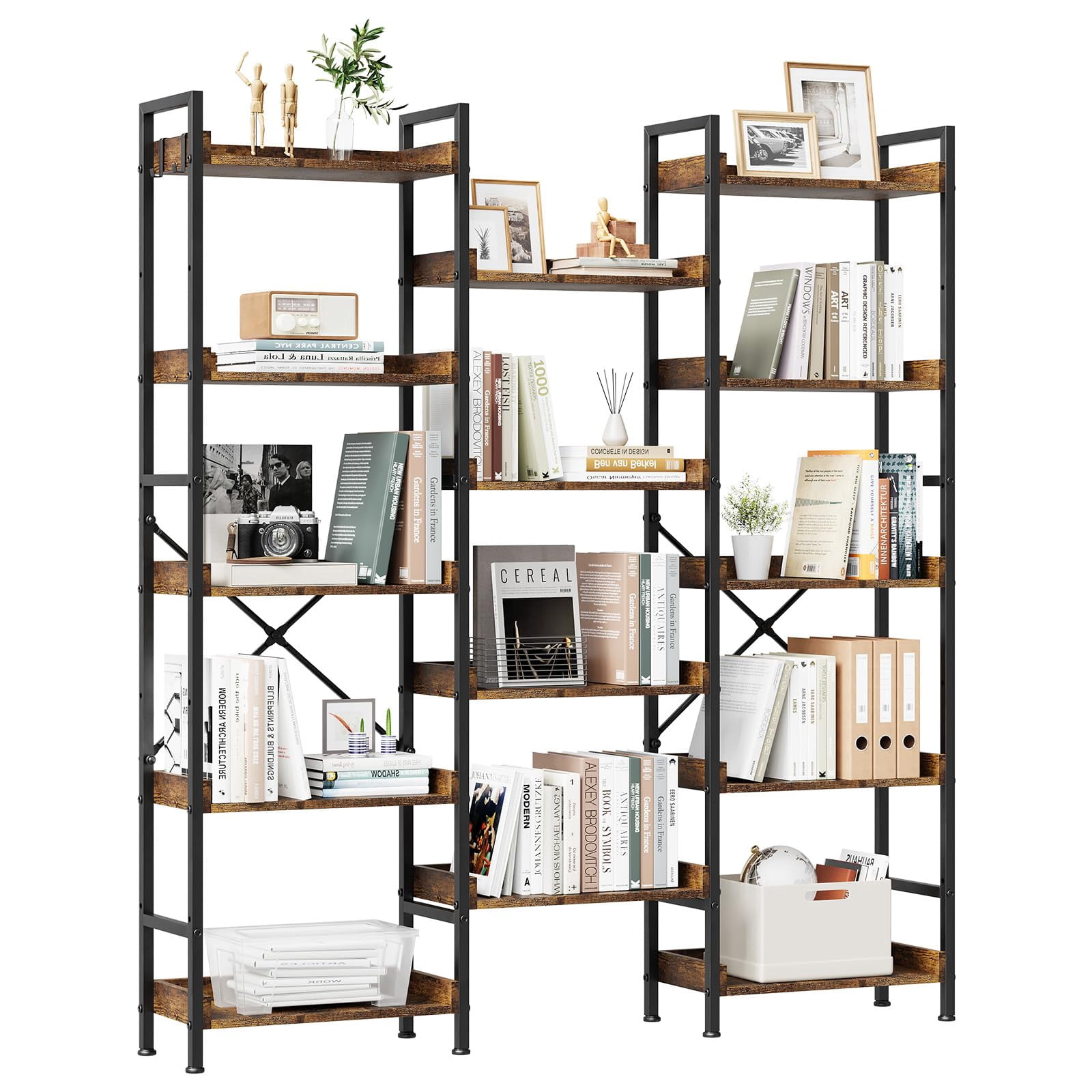 5 Tier Rustic Wooden Bookshelf, 14 Open Storage Compartments, Wide ...