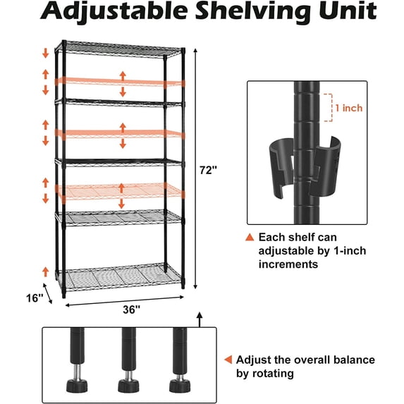 5 Tier Shelf Shelving Unit with Wheels, Adjustable Metal Shelves for ...
