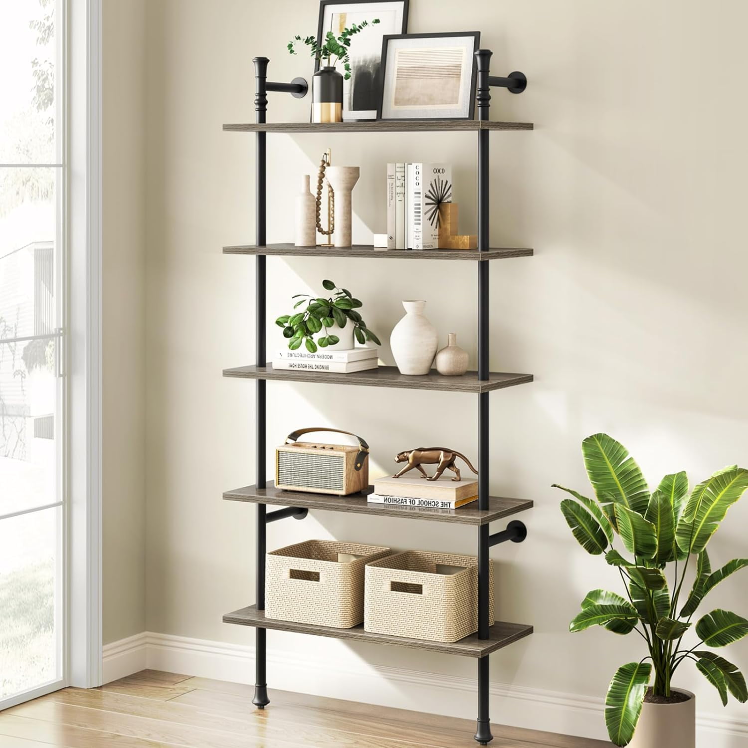 5 Tier Shelf, Wall Mounted Bookshelf, Industrial Bookcase, Open Display ...