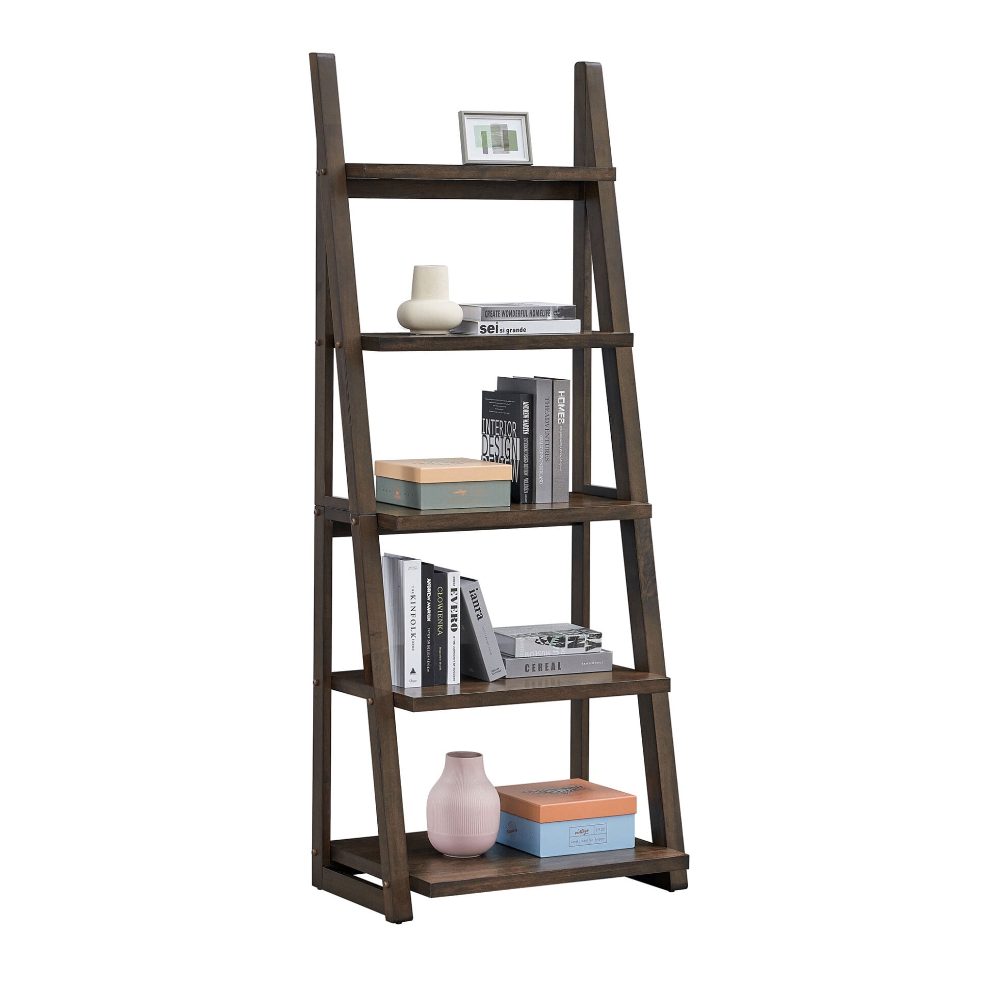 5-Tier Shelves, Ladder Shelf with Rubber Wood Frame, Storage Rackfor ...