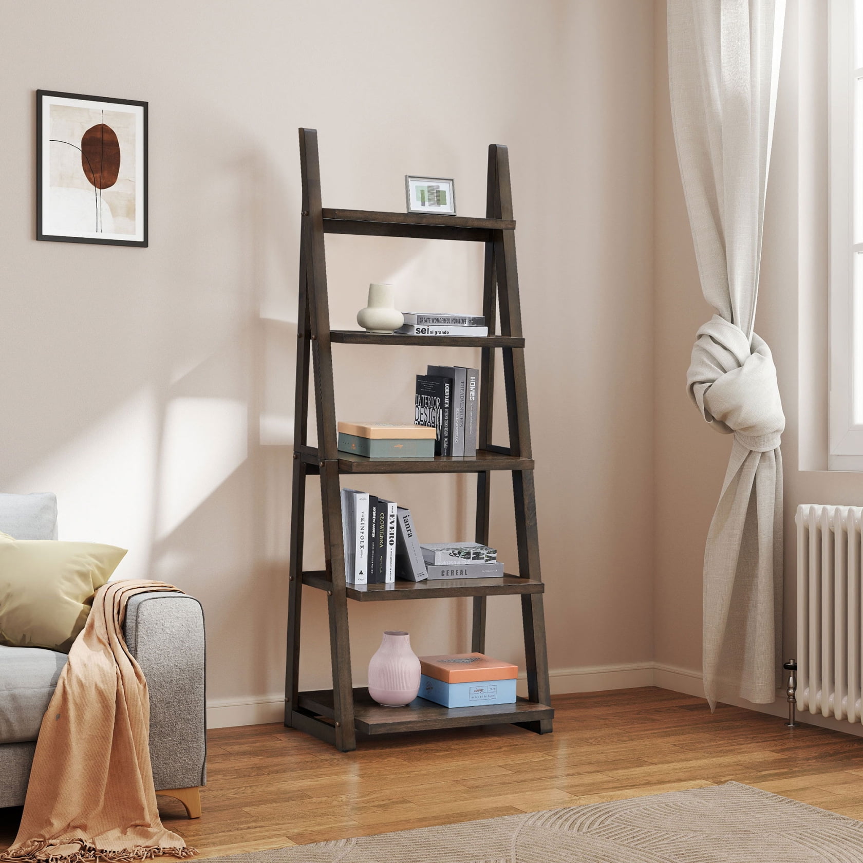 5-Tier Shelves, modern open Bookshelf, Rubber Wood Frame storage rack ...