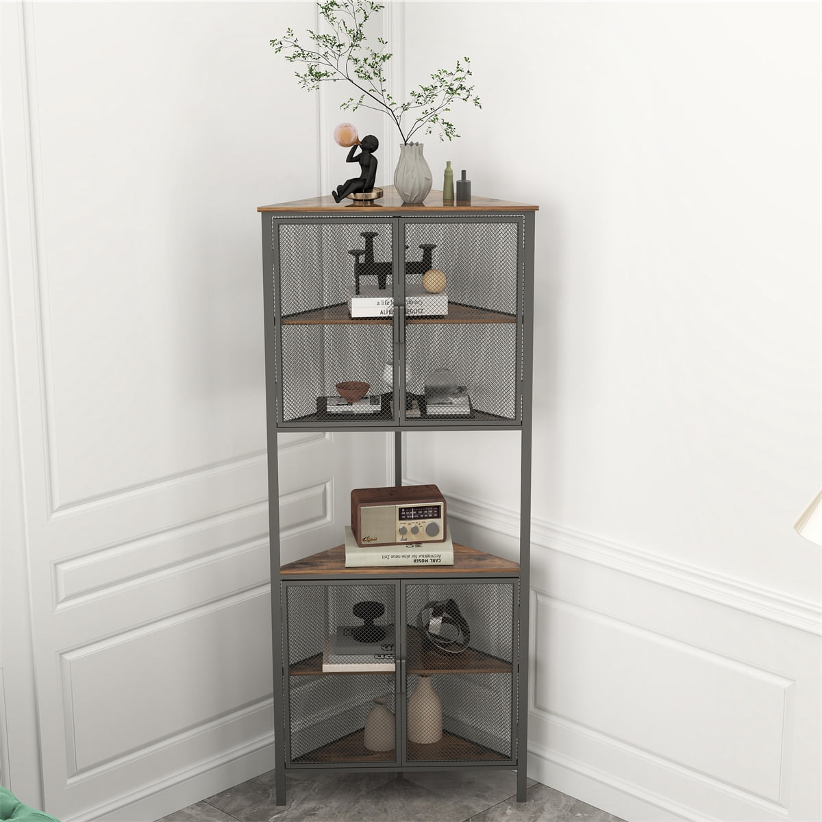 5-Tier Shelves with Metal Mesh Door, Bookcase Storage Shelf Corner ...