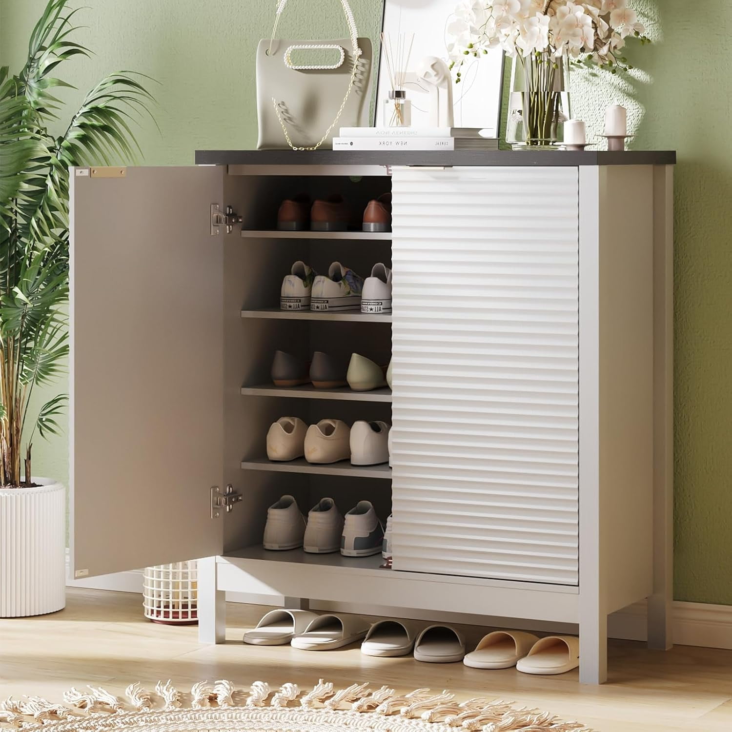 5-Tier Shoe Cabinet with Fluted Doors Farmhouse Storage Cabinet with ...