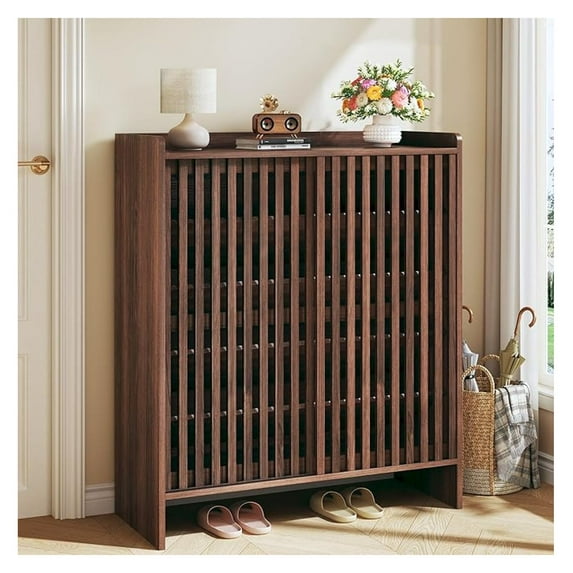 5-Tier Shoe Cabinet with Sliding Shutter Doors, Wooden Shoe Storage ...