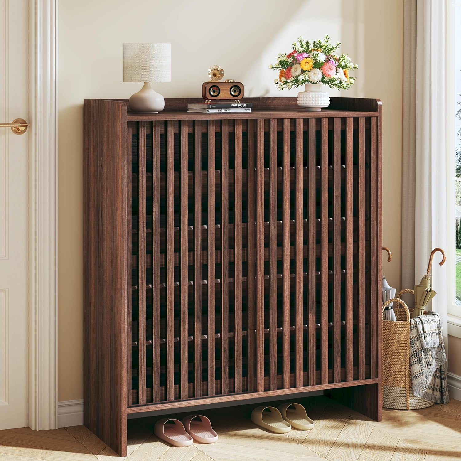 5-Tier Shoe Cabinet with Sliding Shutter Doors, Wooden Shoe Storage ...