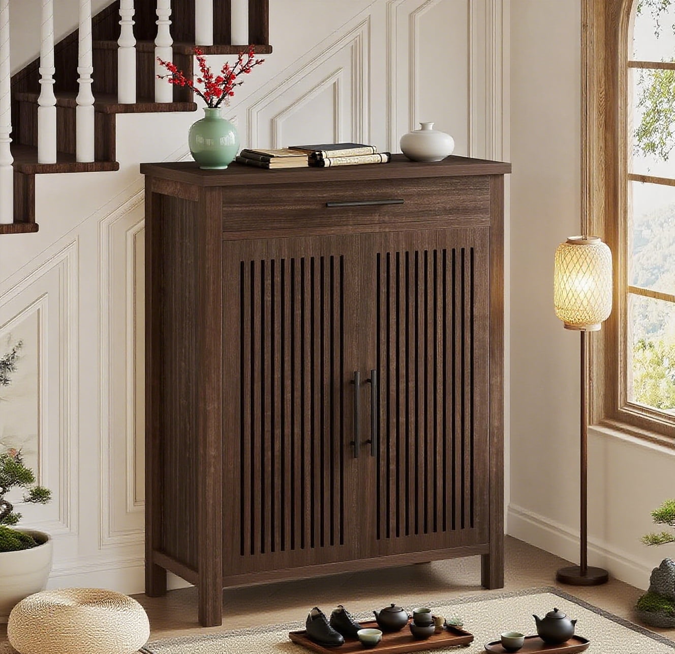 5-Tier Shoe Cabinet with Louvered Doors & Drawer, Freestanding Wooden ...