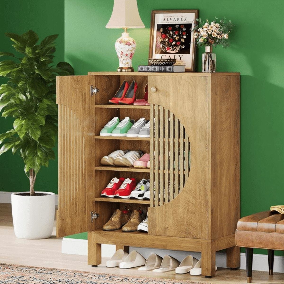 5-Tier Shoe Cabinet with Round Louver Doors - 20-Pair Capacity ...